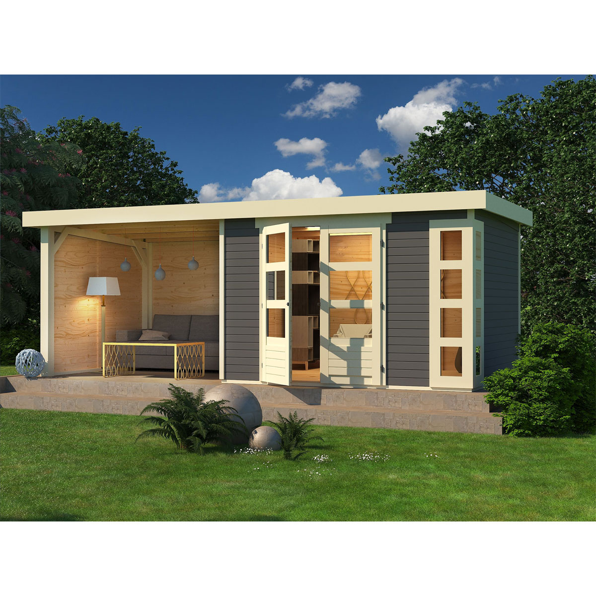 Karibu BBH Kerko 5 Set mit Anbaudach terragrau online kaufen