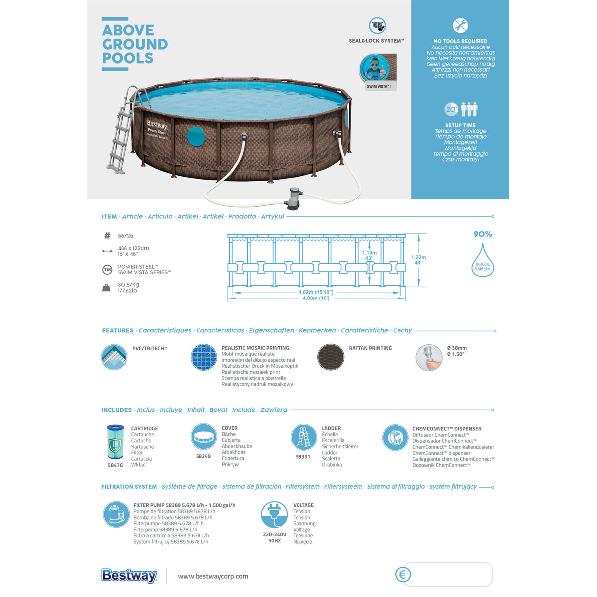 Bestway Power Steel Swim Vista Series Frame Pool Komplett-Set rund 488 x 122 cm | K000037641